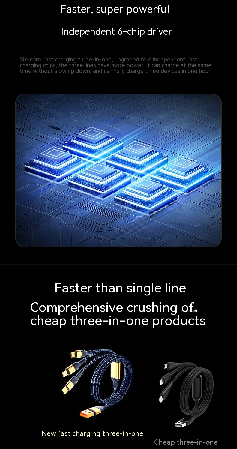 200W Super Fast Charging Cable 3 In 1 Nylon Weaving Charger Cord 3 In 1 ...