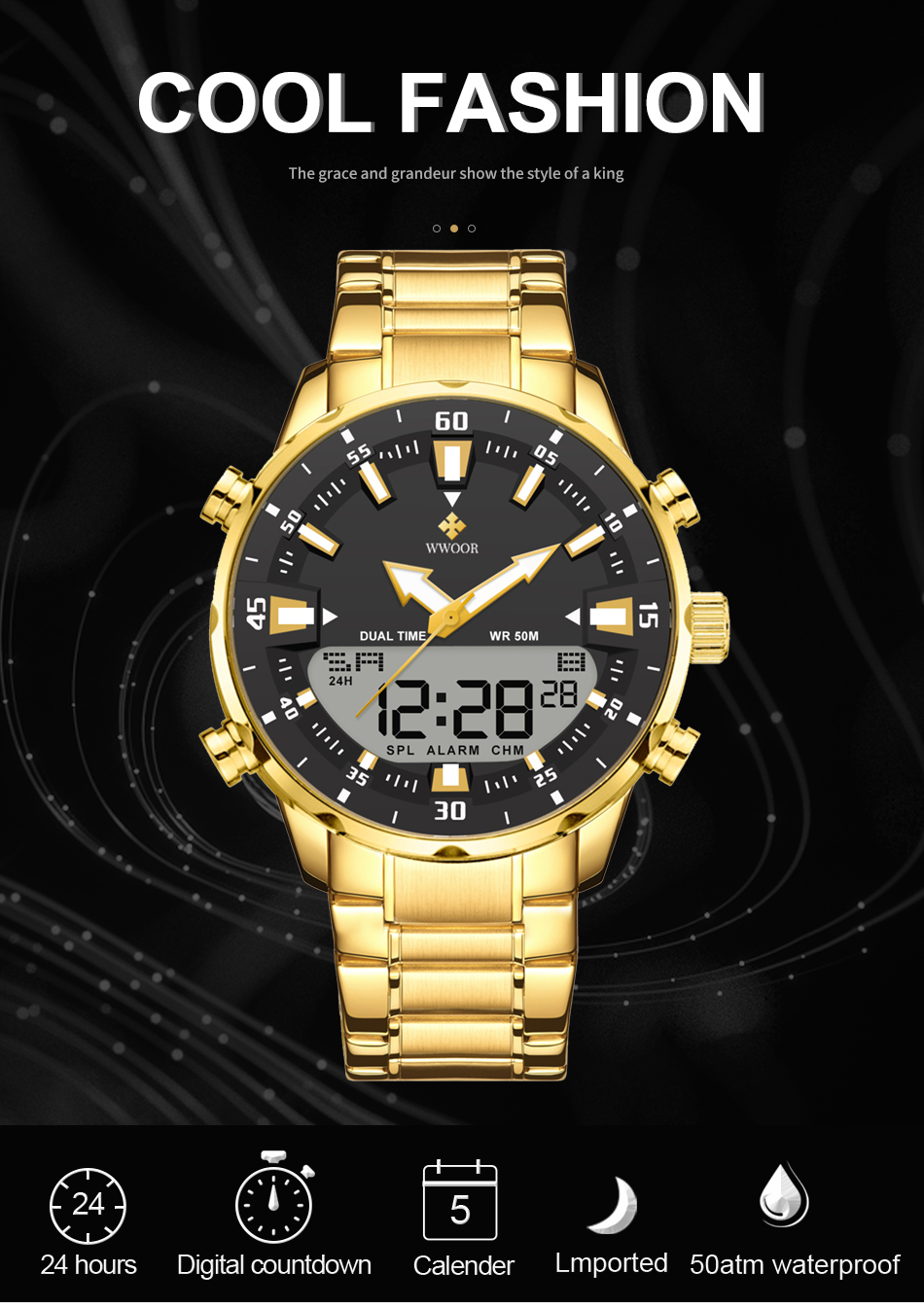 WWOOR Men's Flagship Watch Multi functional Luxury Sports Dual Display ...