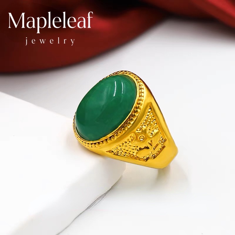 Original 18K Saudi gold pawnable malaysia gold Ring Men's Natural Jade ...
