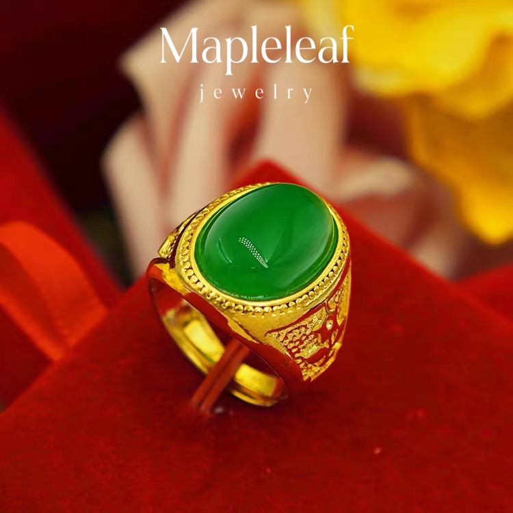 Original 18K Saudi gold pawnable malaysia gold Ring Men's Natural Jade ...