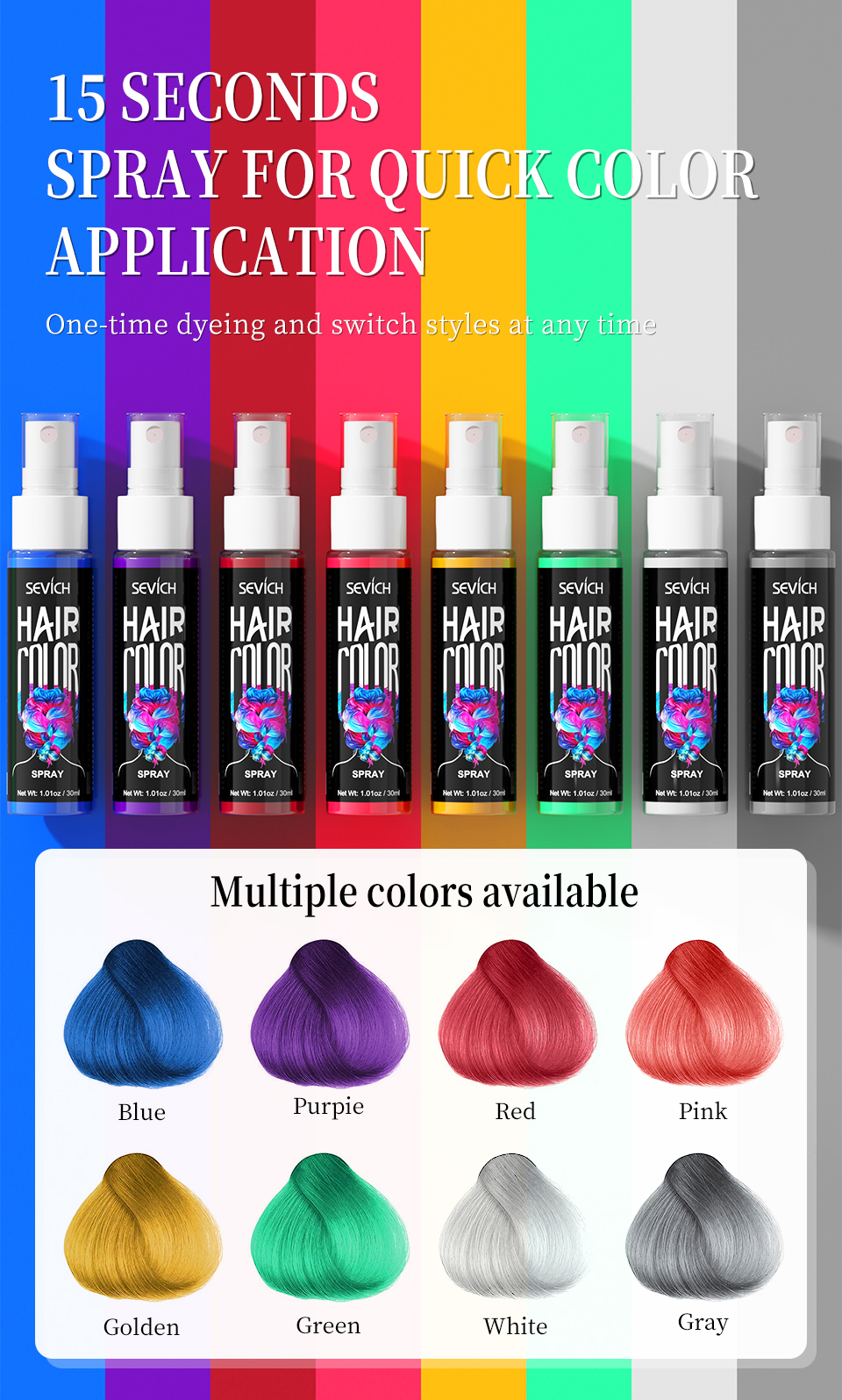 SEVICH Hair Dye Spray Temporary Hair Color Gold Red Purple Blue Hair ...
