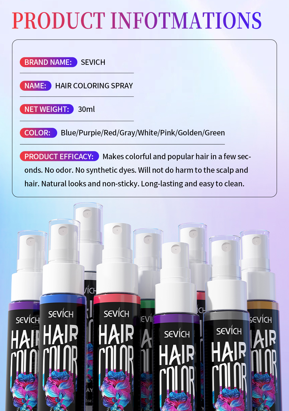 SEVICH Hair Dye Spray Temporary Hair Color Gold Red Purple Blue Hair ...