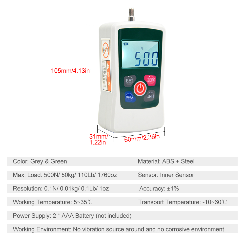 Digital Force Gauge 500N/ 50kg/ 110Lb/ 1760oz Portable Push Pull Force ...