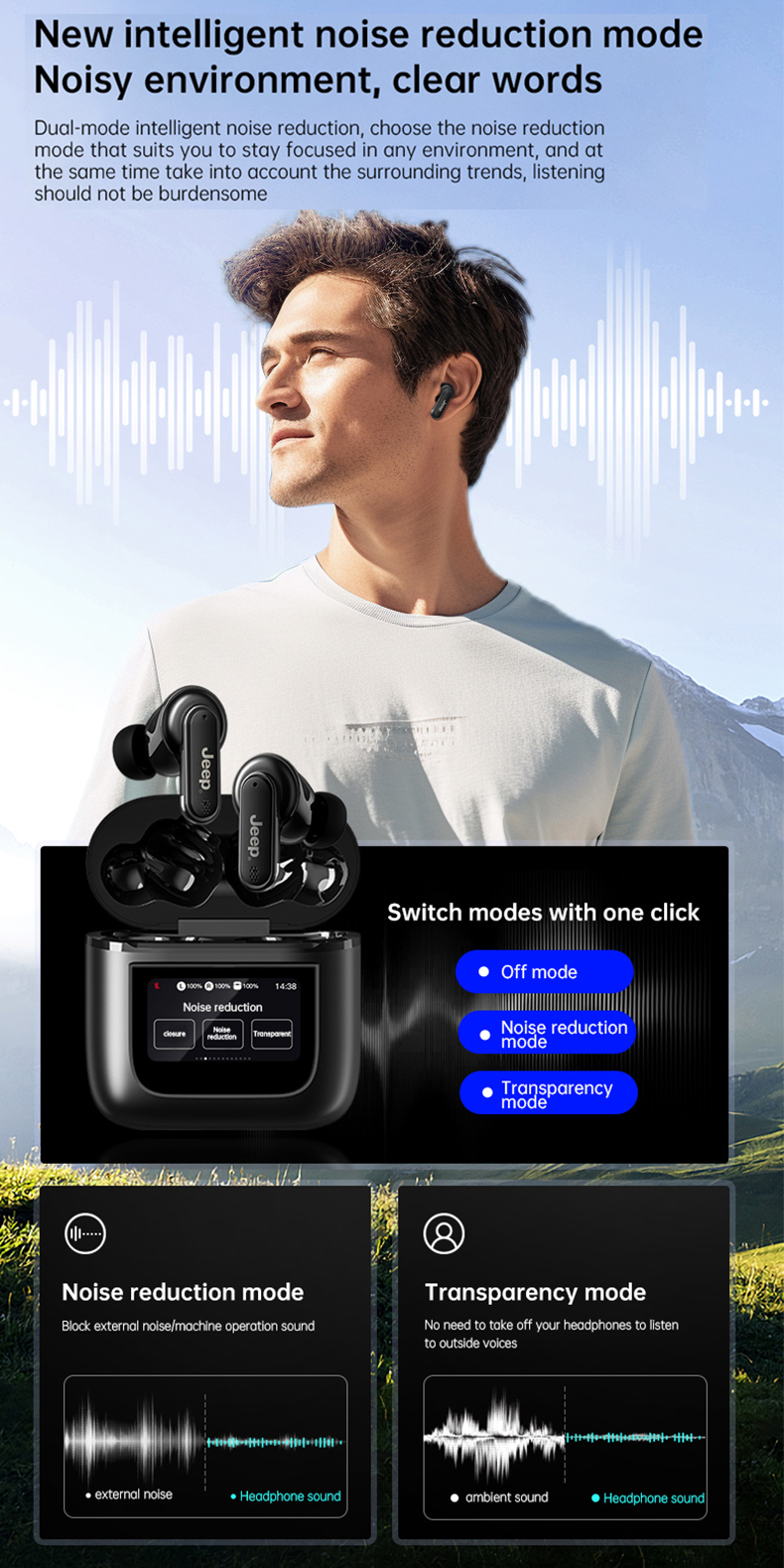 Jeep EW118 ANC Wireless Bluetooth Earphones Color LED Screen Touch ...