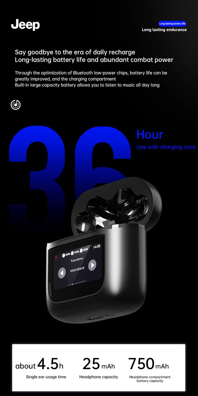 Jeep EW118 ANC Wireless Bluetooth Earphones Color LED Screen Touch ...