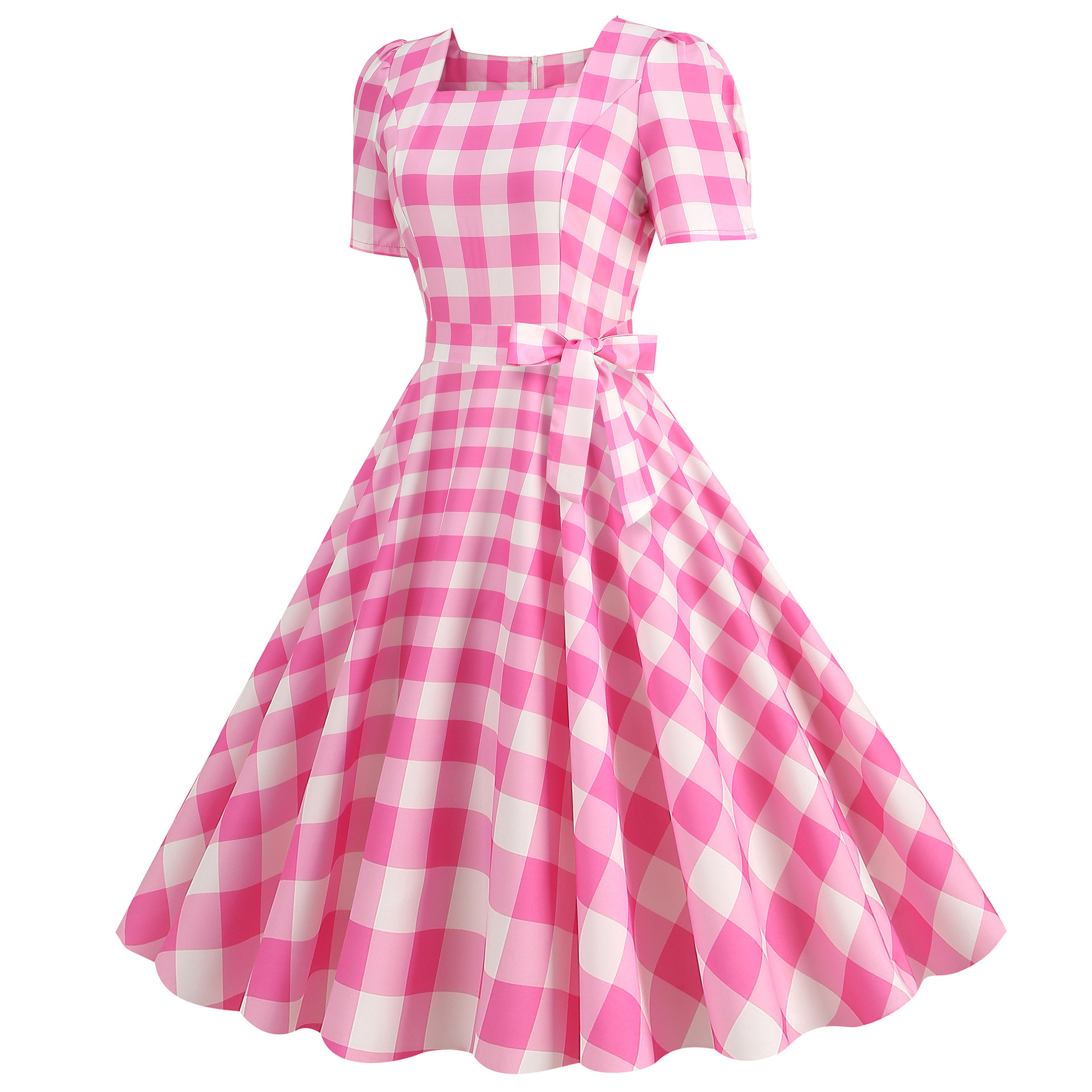 New female fashion temperament Barbie pink square collar short sleeve ...