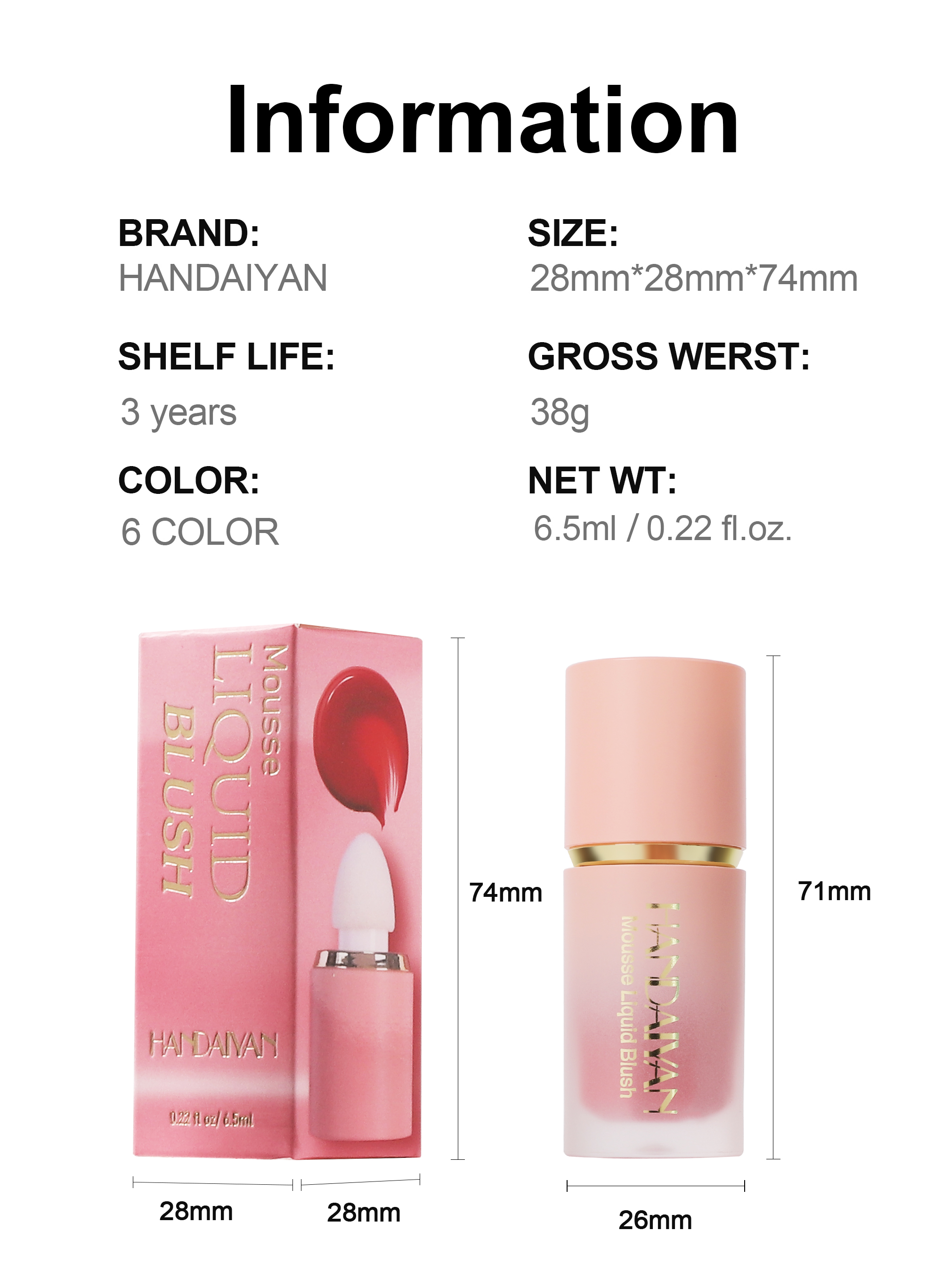 Handaiyan Natural Nude Liquid Blush 6.5ml-Long-Lasting Pigmented Matte ...