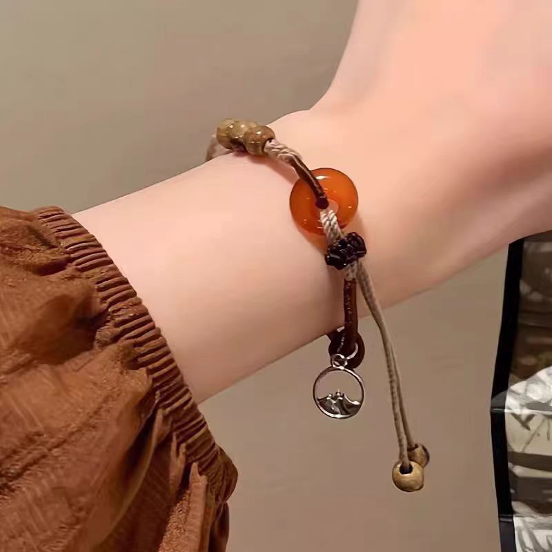 New Chinese Coffee Peace Buckle Woven Rope Bracelet Female Ethnic Style ...
