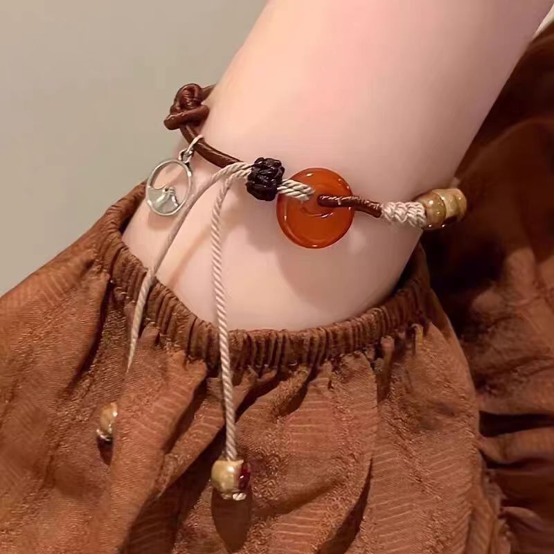 New Chinese Coffee Peace Buckle Woven Rope Bracelet Female Ethnic Style ...