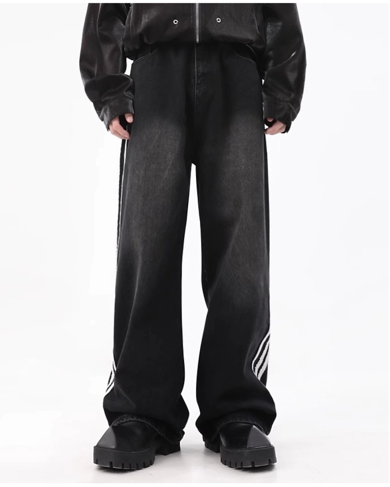 American Style Solid Color Simple Striped Design Casual Jeans Vintage ...