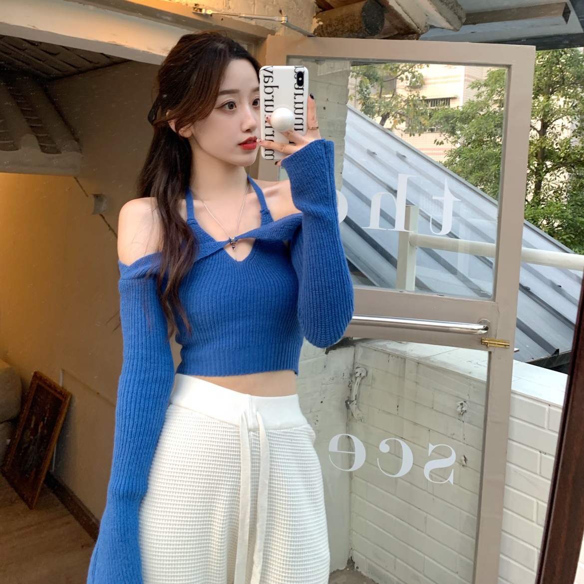 Cloud4d-blue Sexy Flat Neck Strapless Halterneck Sweater Korean Version ...
