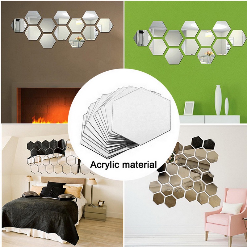 12pcs 3D Mirror Wall Sticker Hexagon Home Decoration Self-Adhesive ...