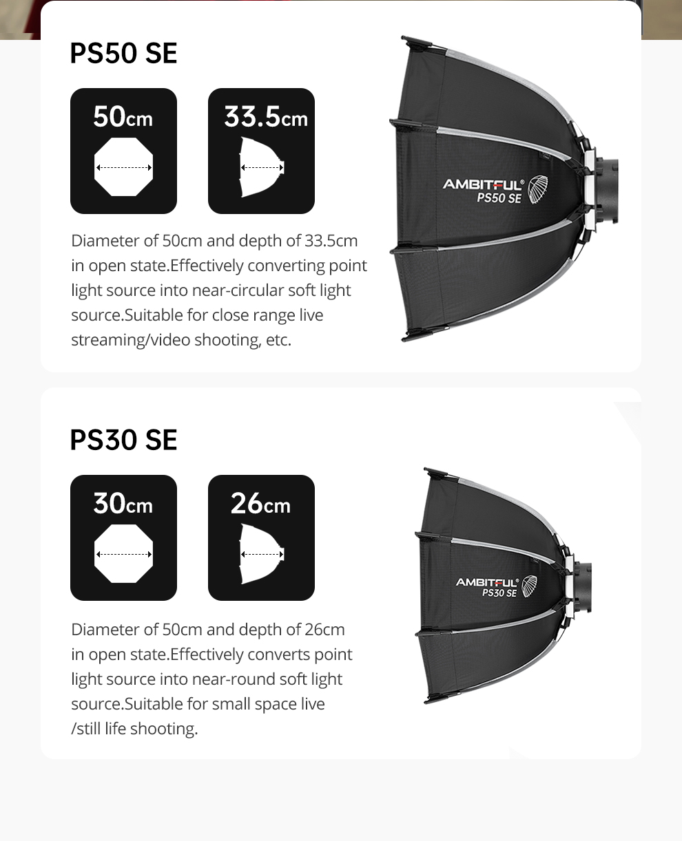 AMBITFUL 30cm PS30 SE 50cm PS50 SE Mini Quickly Release Bowens Mount Octagon Softbox + Honeycomb ...