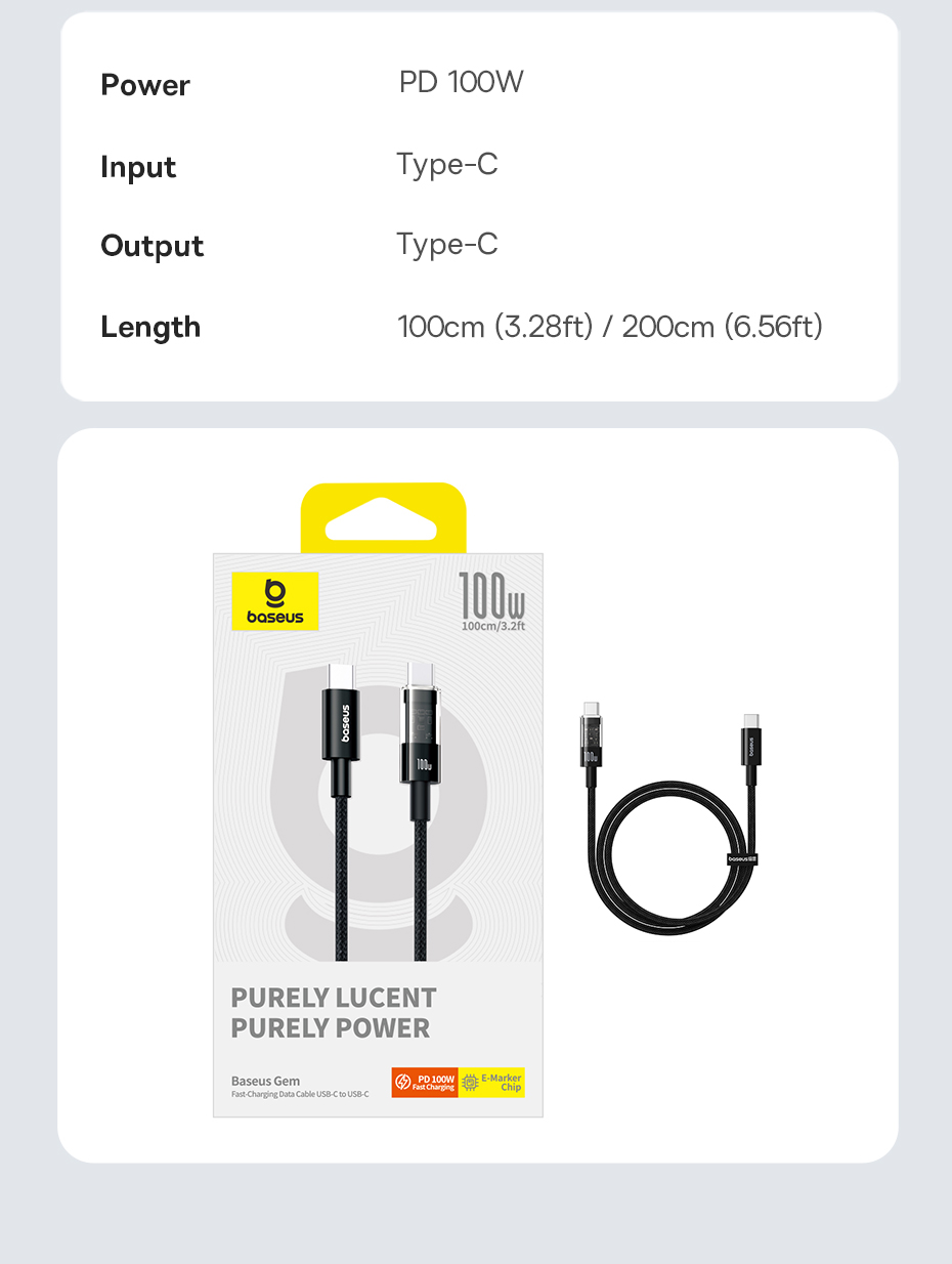 Baseus Gem Charging Cable USB-C to USB-C PD 100W Fast Charging Data ...
