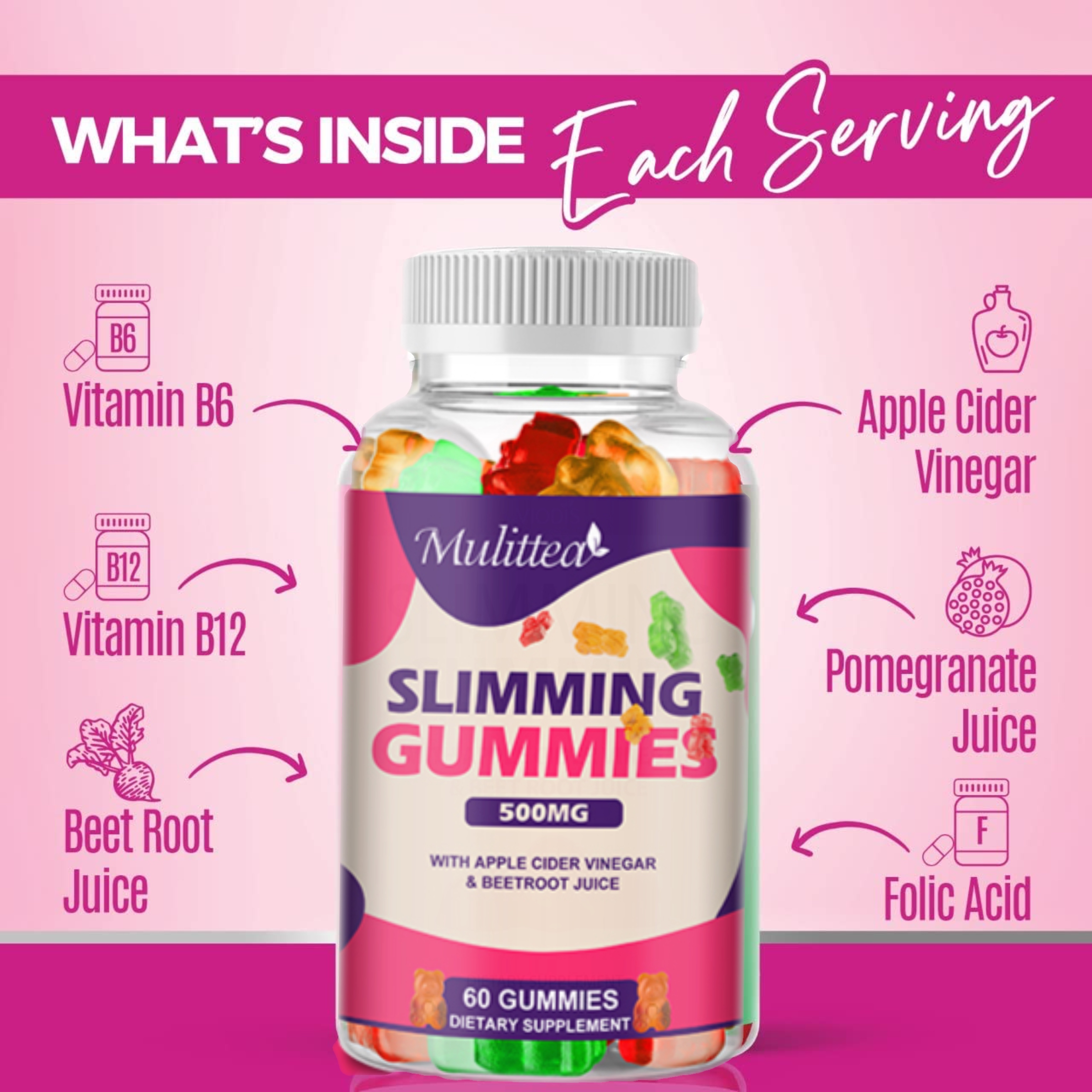 Mulittea Slimming Gummies With 1600 Mg Apple Cider Vinegar & Beetroot ...