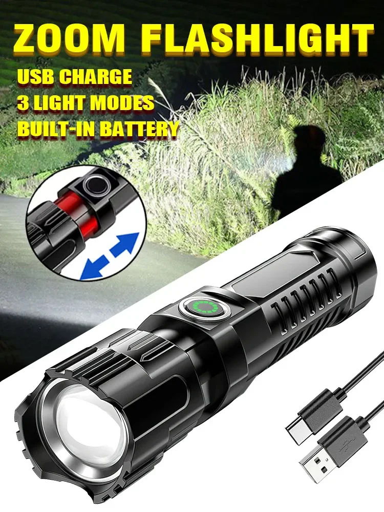 XIWANGFIRE Portable Strong Light Flashlight Built-in Battery USB Rechargeable Telescopic Zoom ...