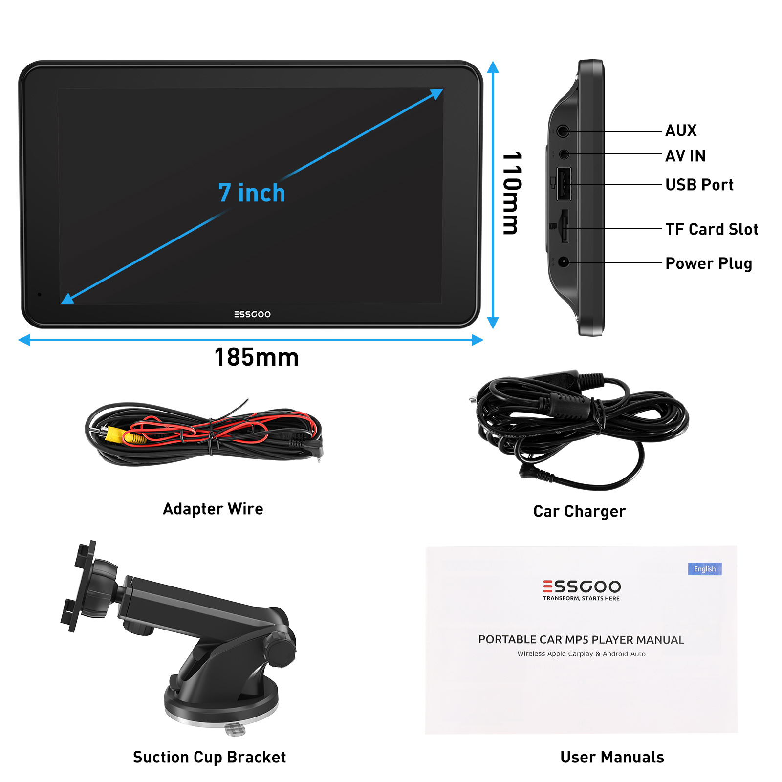 ESSGOO 7 inch Portable Carplay MP5 Multimedia Player FHD IPS Touch ...