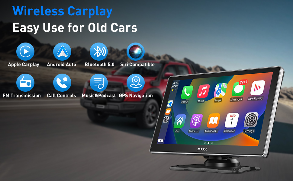 ESSGOO 9" Portable Wireless Carplay Radio Car Multimedia Player FHD IPS Monitor Touch Screen ...