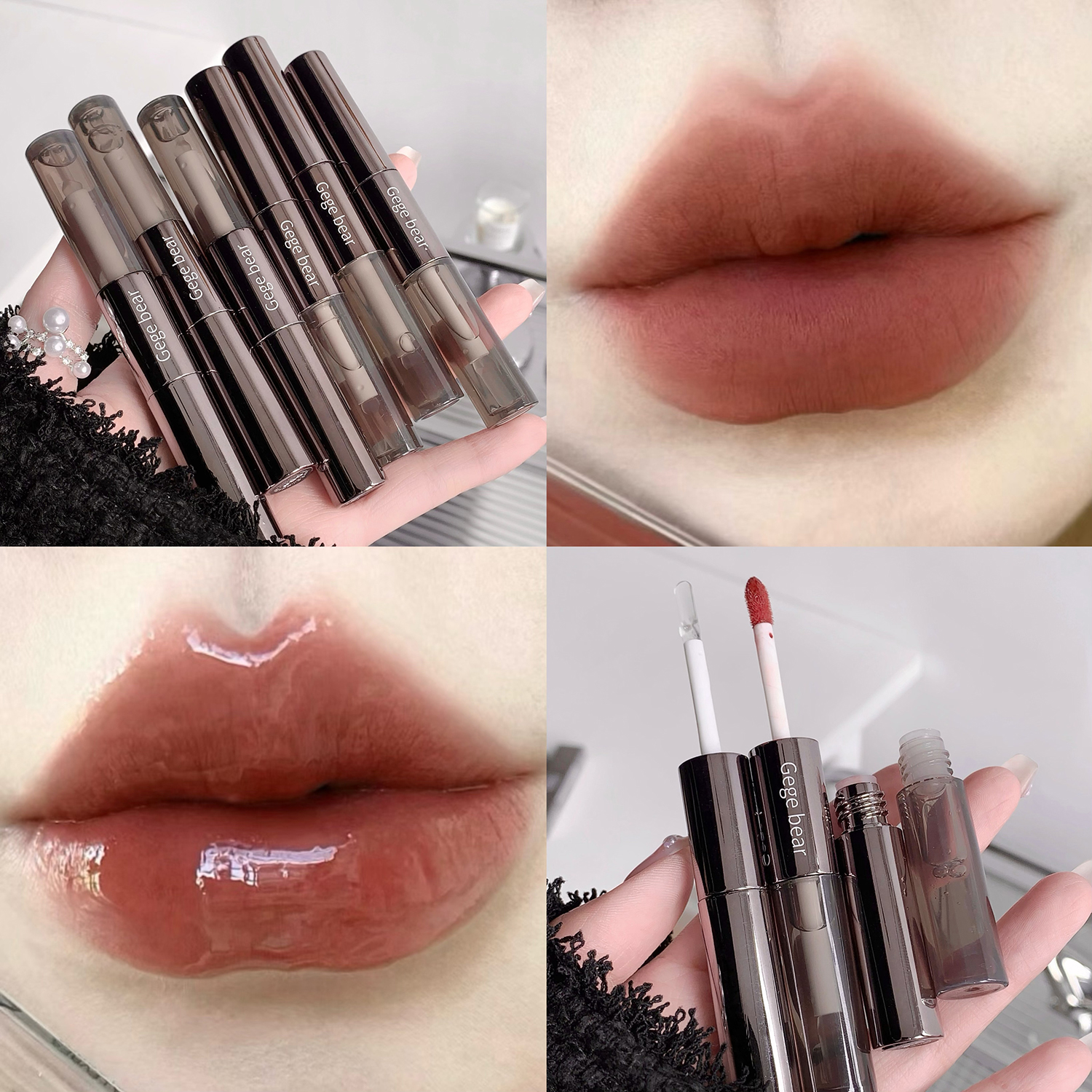 Gege Bear Double Headed Lip Glaze Mirror Transparent Women's Matte Lip Mud Lipstick Raincoat ...