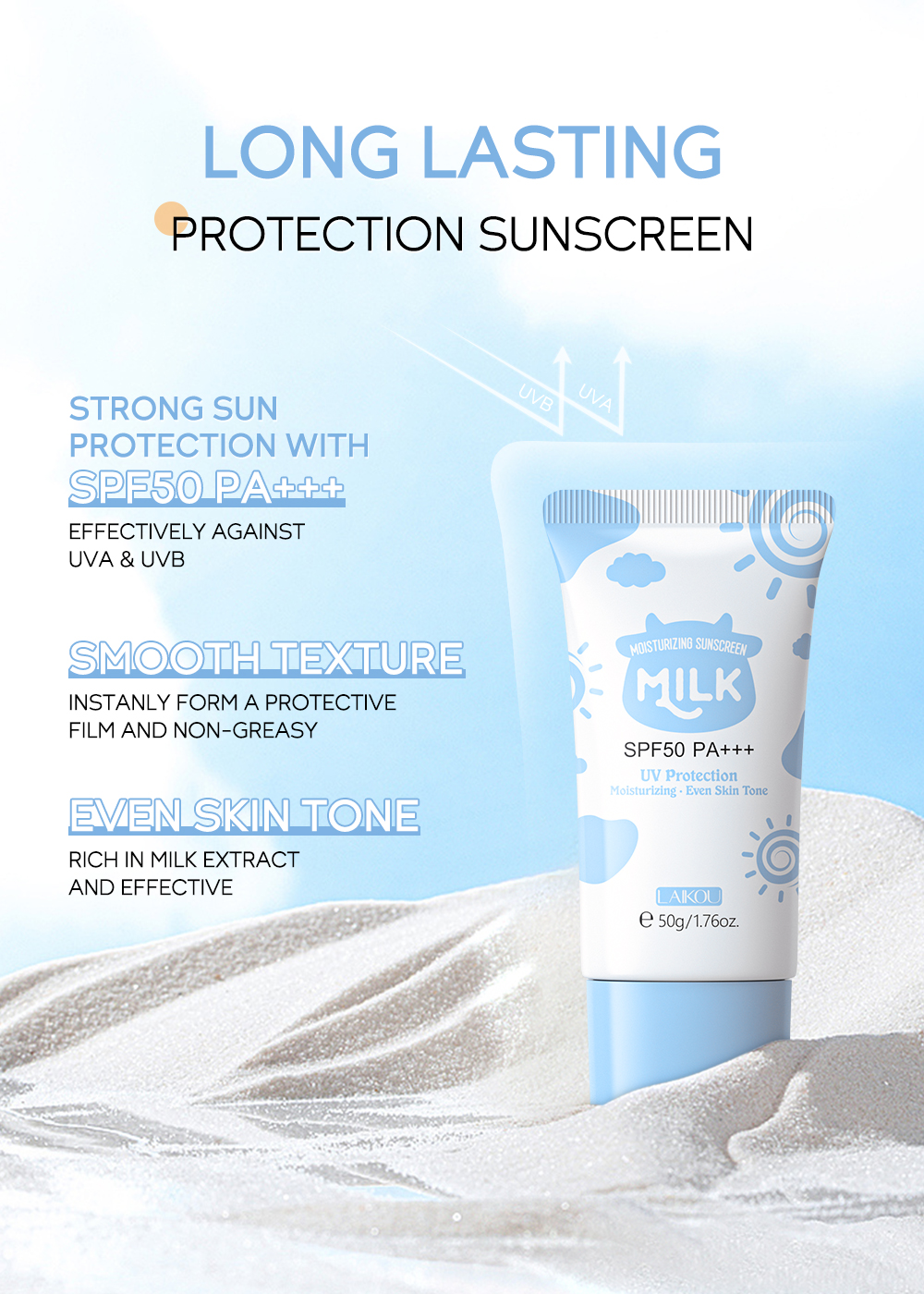 LAIKOU Milk Brightening Sunscreen Moisturizing SPF50 PA+++ UV ...