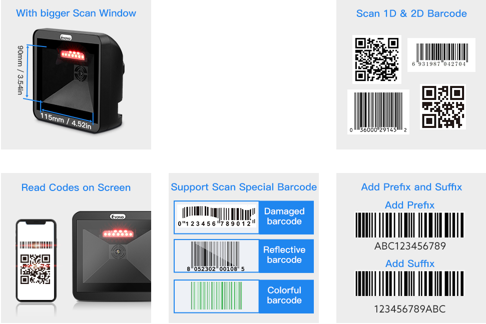 Eyoyo Hands-Free 2D QR Barcode Scanner, Omnidirectional Desktop ...