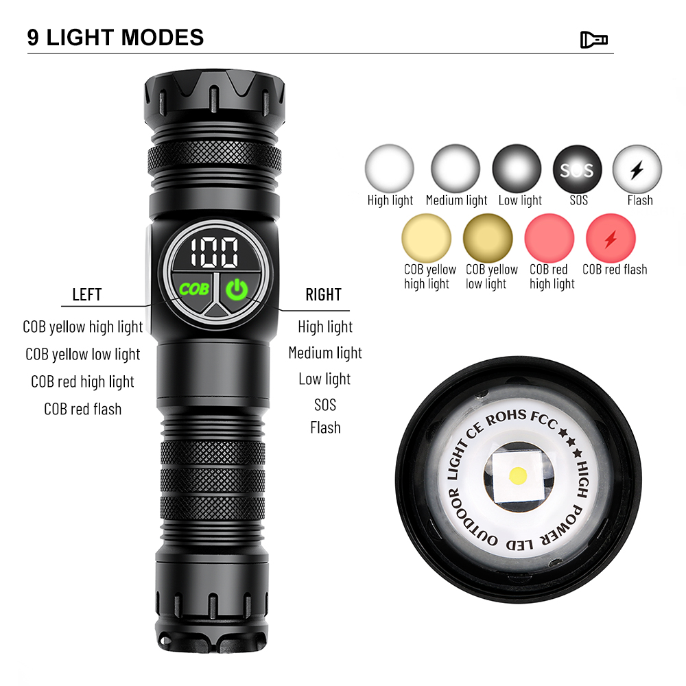 Asafee 2305 Outdoor Flashlight Telescopic Zoom 10W COB+LED 800 lumens ...