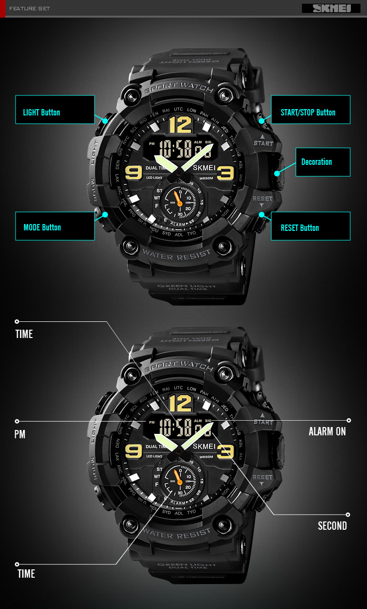 SKMEI Watch for Men Sports Shock Watch 3 Time Date Week Dual Display ...