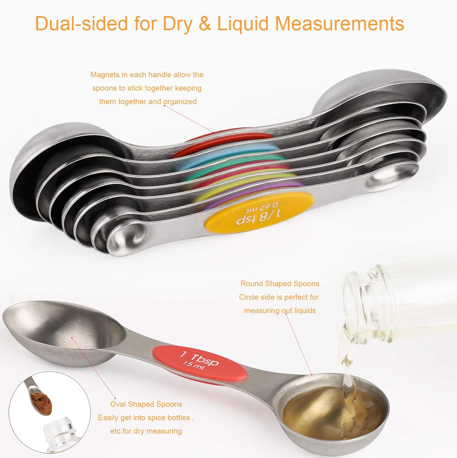 Magnetic Measuring Spoon 8-Piece Set Stainless Steel Stackable Double ...