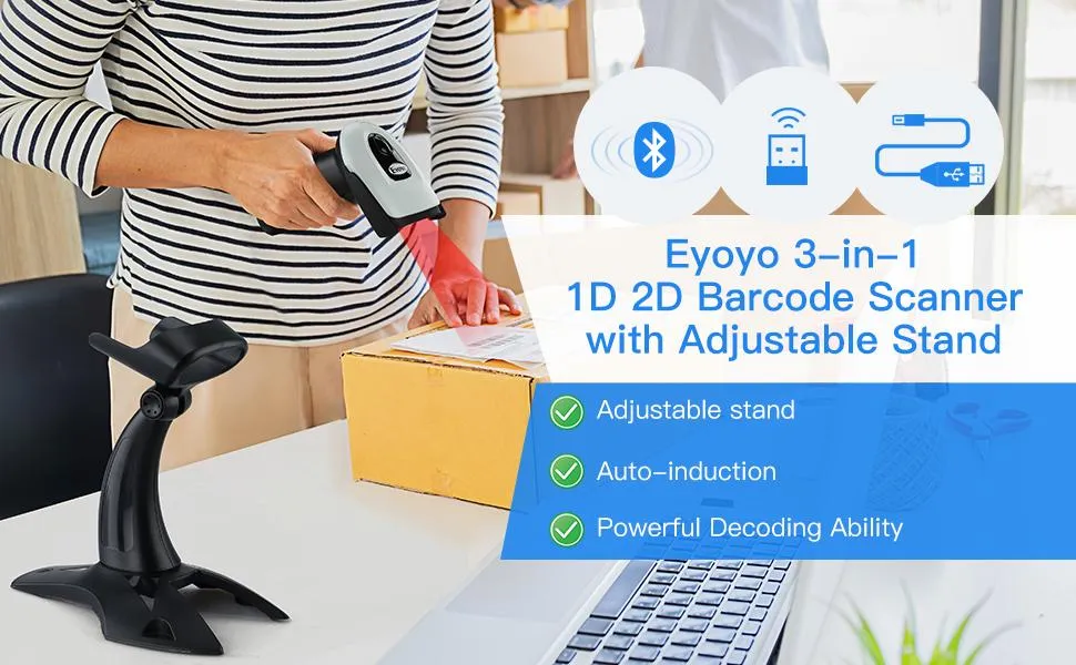 Eyoyo Wireless 2D Barcode Scanner with Stand Via Bluetooth USB Wired ...