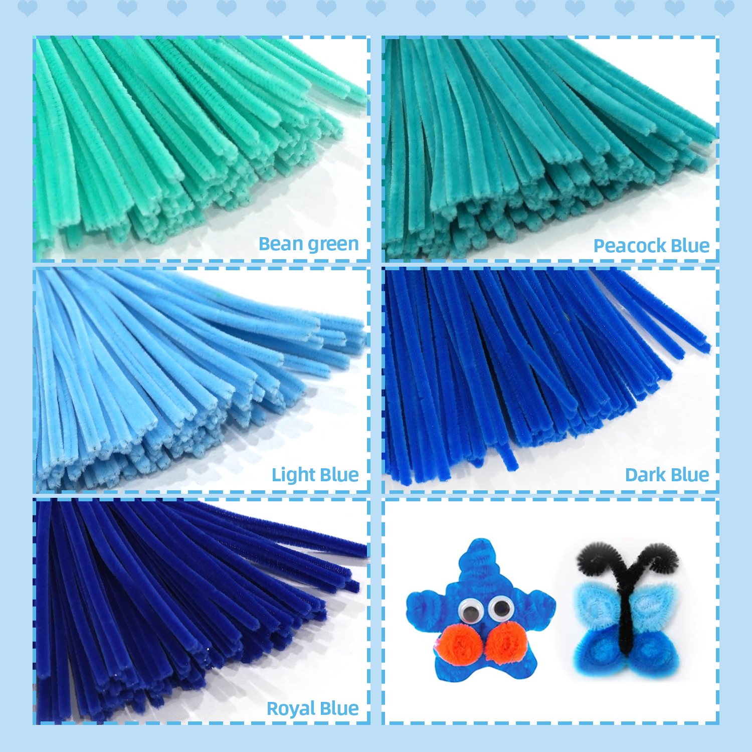 200pcs blue Serie Pipe Cleaners Craft Chenille Stem,Bean green Light ...