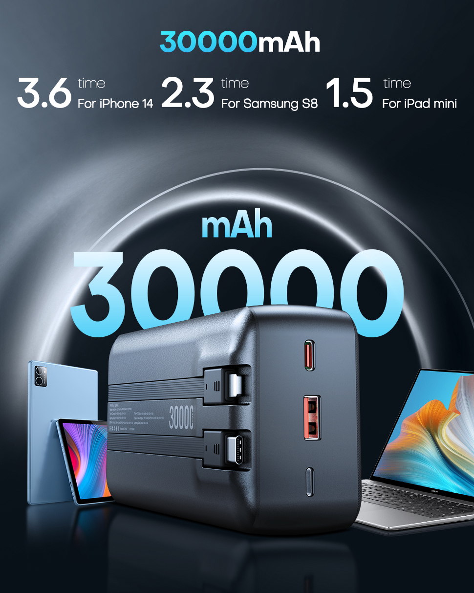 Rapoo RH30pro 30000mAh 22.5W Powerbank with Built-in Cable Fast ...