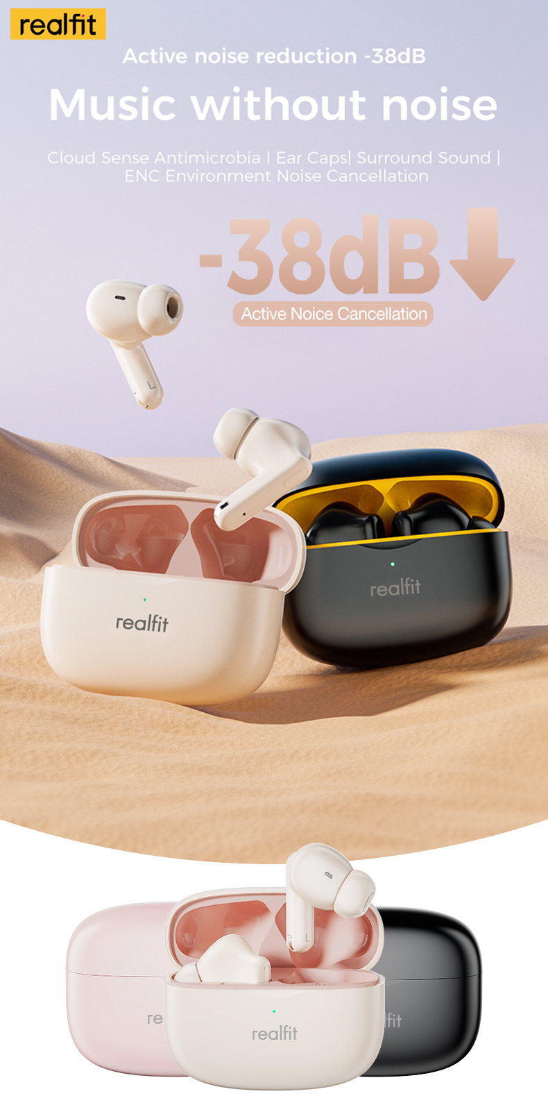 Realfit F3 Bluetooth Headphones Noise Canceling Sports Headphones -38db ...