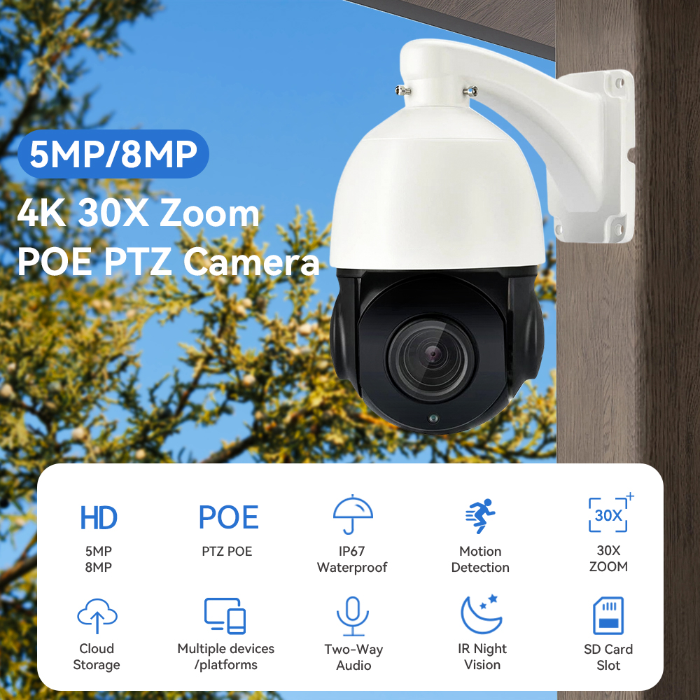 Hamrol 8MP 4K PTZ POE 48V IP Outdoor Camera 30X Zoom 360° Two Way Audio ...