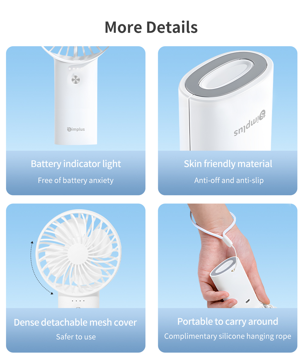 Simplus Mini Fan Rechargeable Fan 3 Speeds Type-C Charging Strong Wind ...