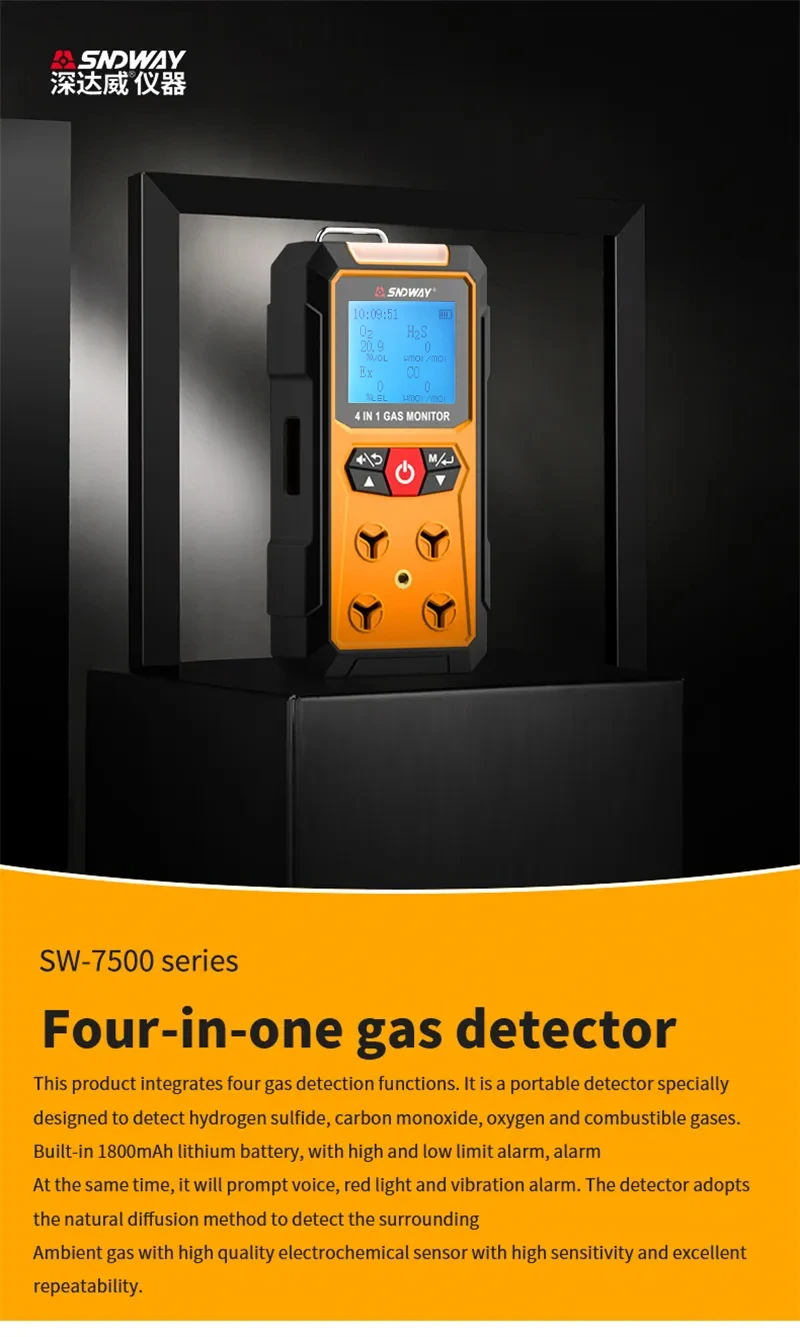 SNDWAY SW-7500A Gas Detector Meter 4 in 1 Oxygen O2 Carbon Monoxide CO H2S Ex Combustible Gas ...
