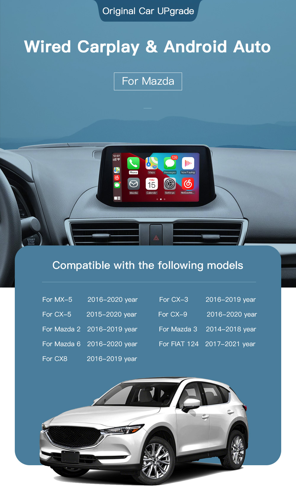For Mazda 2 3 6 CX-3 CX-5 CX-9 for Apple Carplay Android USB Aux Miata ...