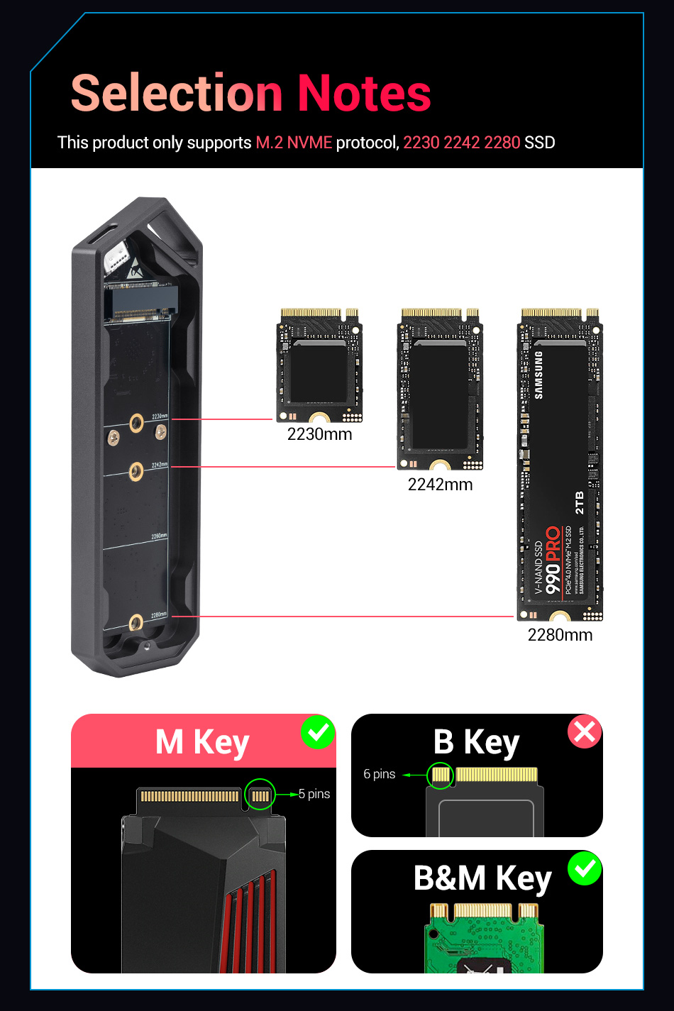 M.2 Enclosure PCI-e Adapter NVMe SSD Tool Free Aluminum Alloy Case USB ...