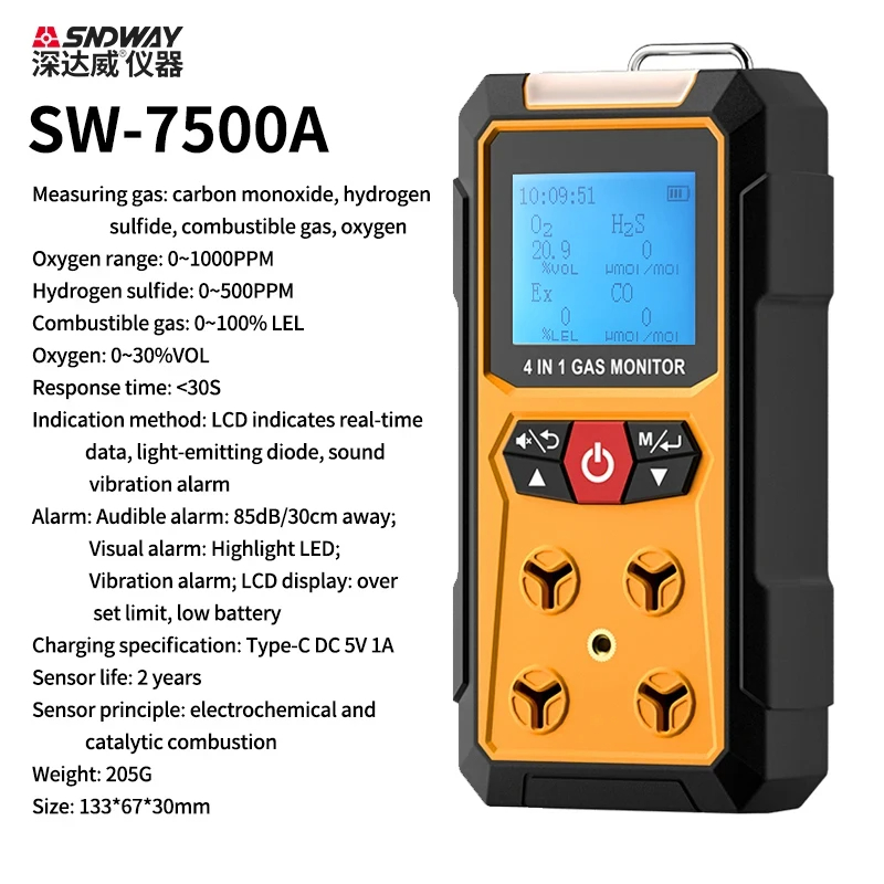 SNDWAY SW-7500A Gas Detector Meter 4 in 1 Oxygen O2 Carbon Monoxide CO ...
