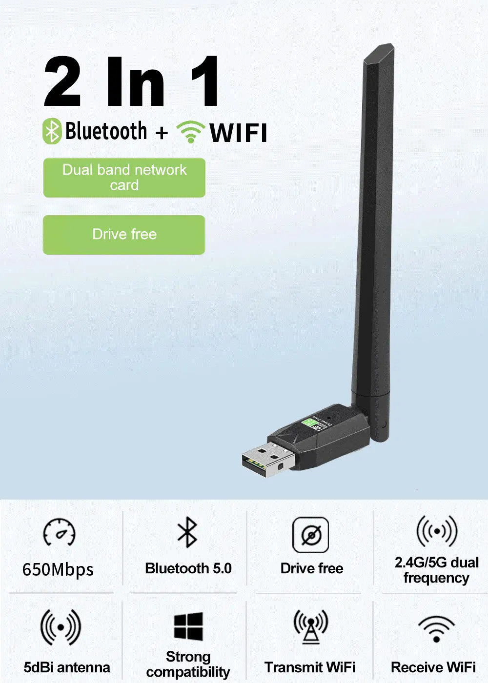 600Mbps USB Wireless WiFi Bluetooth Adapter with Dual Band 2.4G 5GHz ...