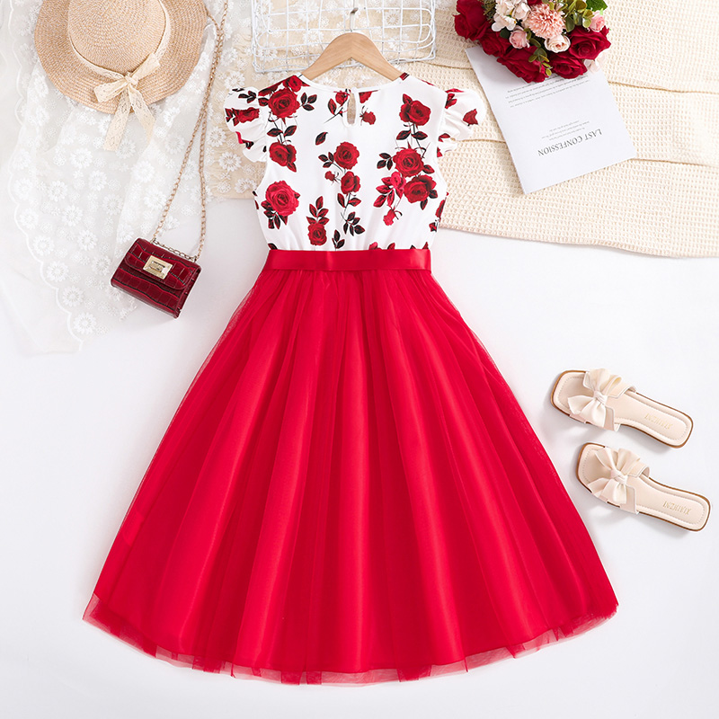 SIYYIS Kids Dress For Girls 8-12 Years Red Rose Printed Patchwork Tulle ...