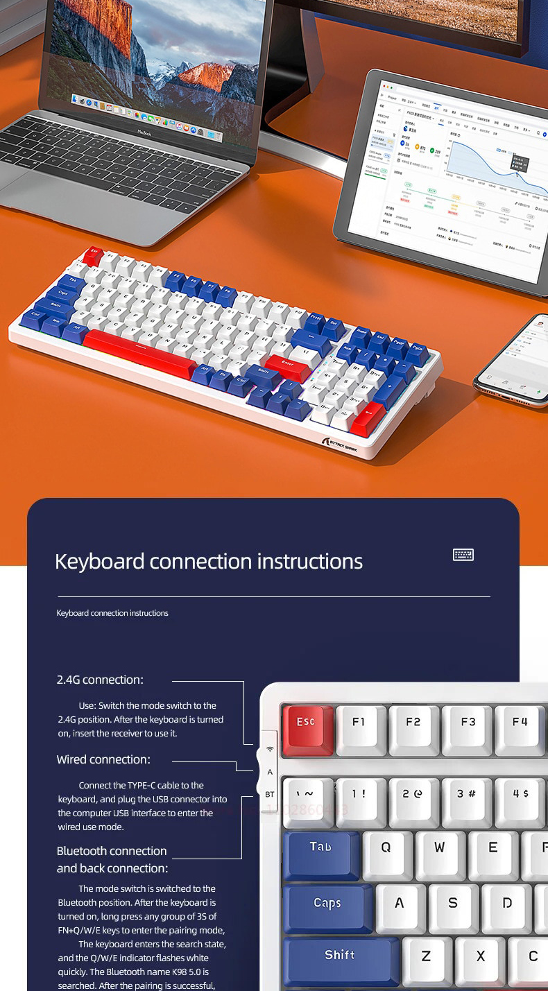 Attack Shark K98 Mechanical Keyboard Tri-Mode 2.4G 5.0BT 100-Keys Hot ...
