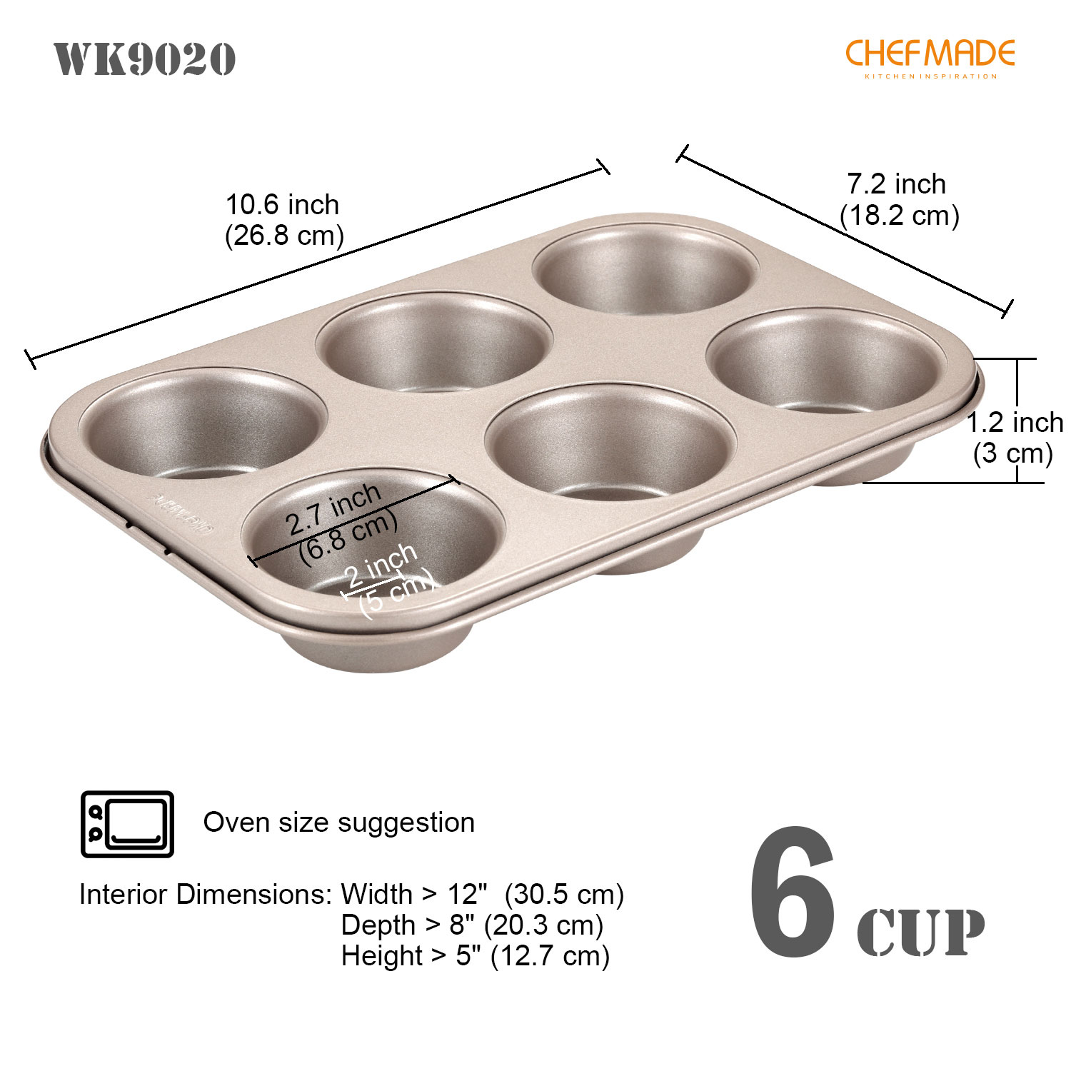 CHEFMADE Muffin Cake Pan, 6-Cavity Non-Stick Cupcake Pan Bakeware, FDA ...