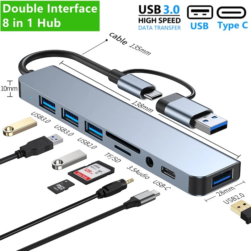 8 Port USB C Expander USB 3 Hub Type C Splitter Type C Dock Multiport ...