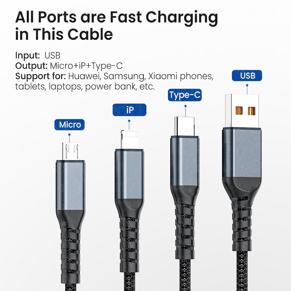 100W 3 in 1 Super Charging Cable 6A Micro USB Type C Fast Charger Type ...