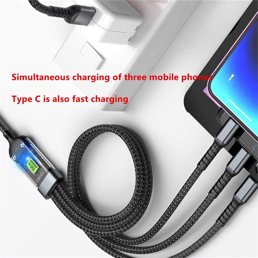100W 3 in 1 Super Charging Cable 6A Micro USB Type C Fast Charger Type ...