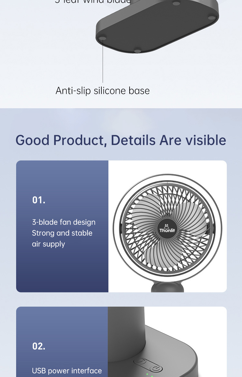 Thunlit Small Desk Fan Stylish Gray Desktop Fill Light Fan USB Charging ...