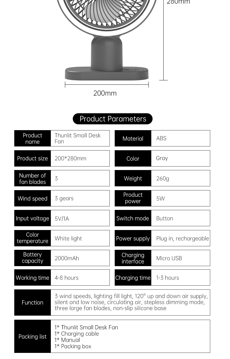 Thunlit Small Desk Fan Stylish Gray Desktop Fill Light Fan USB Charging ...