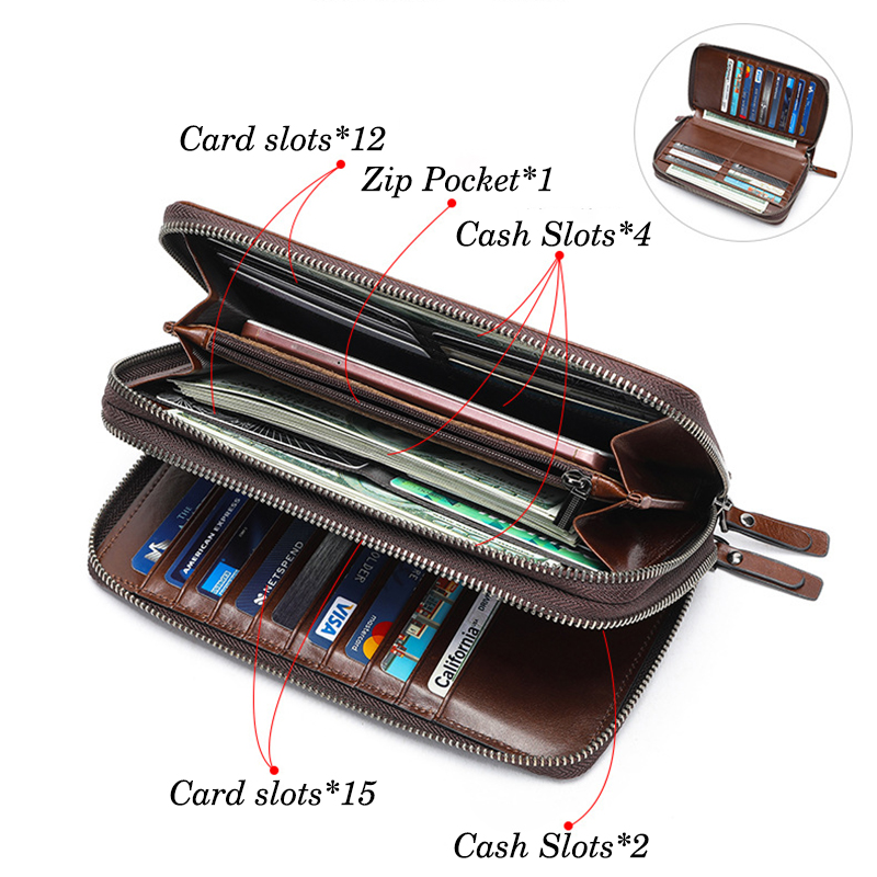 Top Grain Genuine Leather Men Long Wallet Double Zip Around Clutch ...