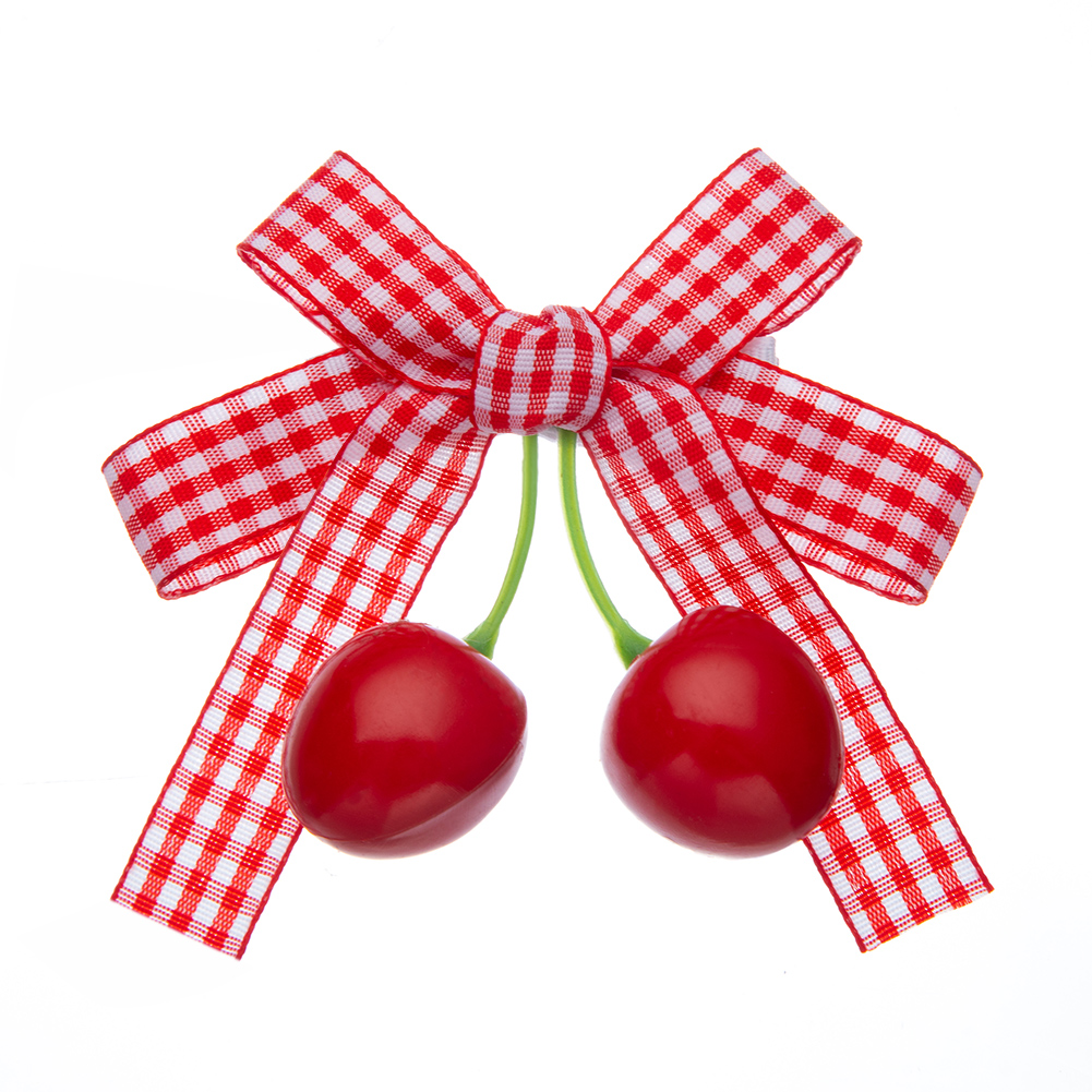 1pcs Spring Summer Girls Cherry Hair Clip Red Plaid Ribbon Dovetail Bow ...
