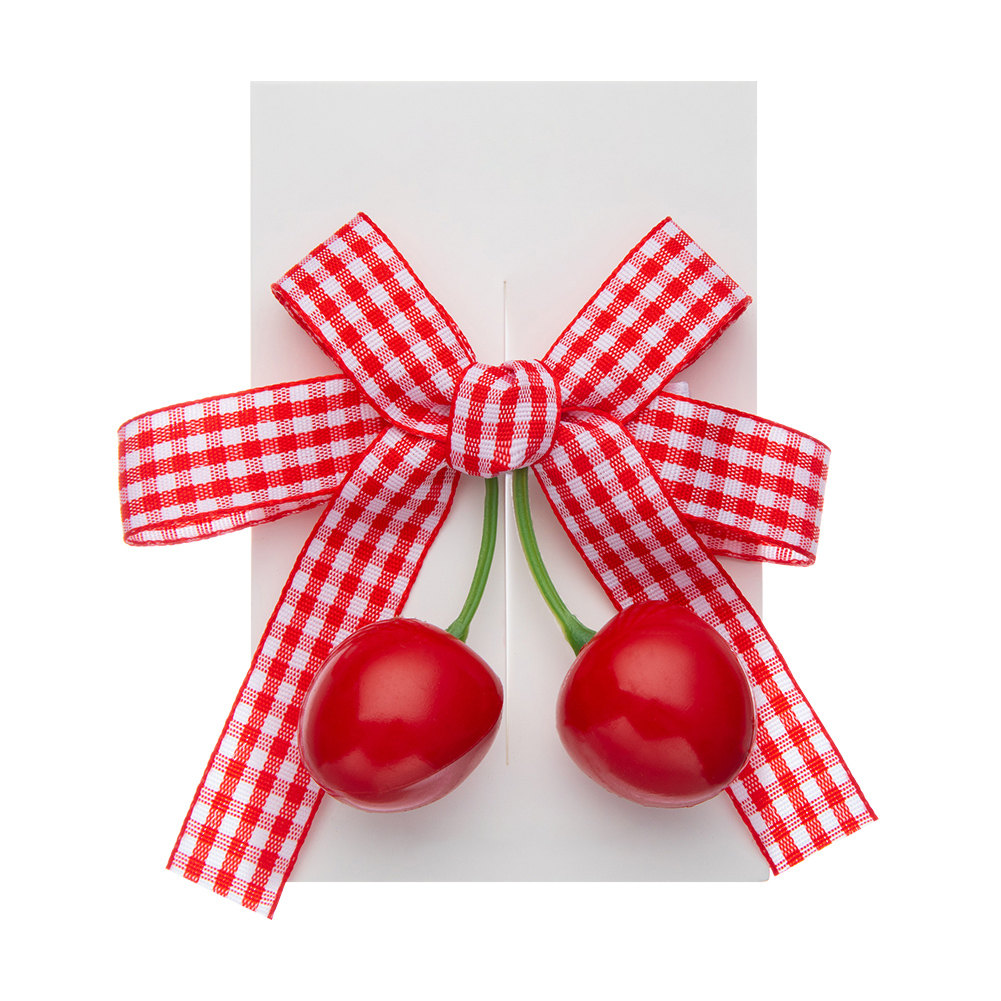 1pcs Spring Summer Girls Cherry Hair Clip Red Plaid Ribbon Dovetail Bow ...